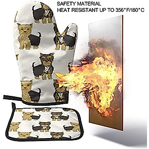 Honge Cute Yorkie Dog Pet Kitchen Waterproof Heat Resistant Oven Mitts and Potholders for BBQ Cooking Grilling