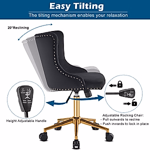 VINGLI Black Velvet Armless Home Office Desk Chair with Gold Base/Wheels, Small Cute Vanity/Makeup Chair with Back for Bedroom, Upholstered Adjustable Rolling Swivel Nail Chair for Women/Girls