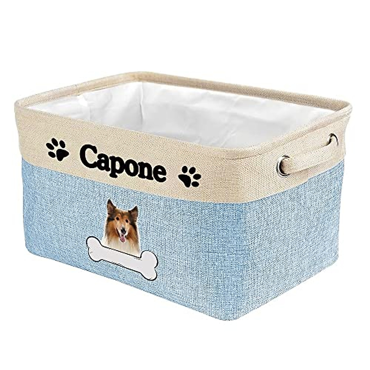 Personalized Dog Rough Collie Bone Decorative Storage Basket Fabric Durable Rectangle Toy Box with 2 Handles for Organizing Closet Garage Clothes Blankets Blue and White