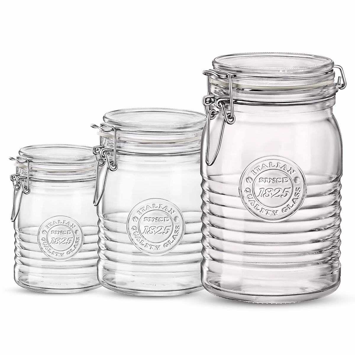 Bormioli Rocco Officina 1825 Variety Pack, Set Of 3 Glass Jars (33.75 Oz. 25.25 Oz. 17 Oz.), Wide Opening, With Airtight Hinged Lid, clear, Made In Italy.
