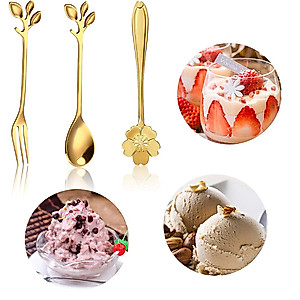 12PCS Leaf Flower Coffee Spoon Set, FULANDL Stainless Steel Tea Spoon Dessert Demitasse Espresso Spoons and Forks, Reusable Tableware Stirring Spoon Ice Cream Spoon for Coffee, Tea, Cake (Gold)
