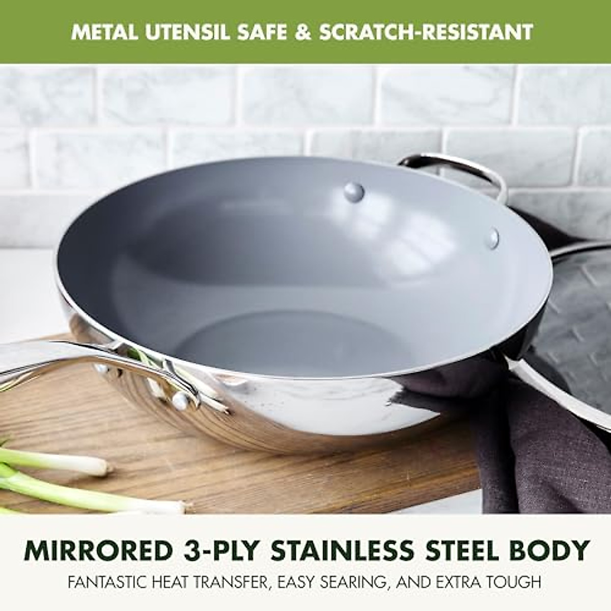 GreenPan Valencia Pro Stainless Steel 12” Wok with Lid, Induction Mirrored Tri-Ply, Ceramic Nonstick PFAS-Free PFOA- Free Coating, Multi Clad Pan, Induction, Dishwasher Safe, Oven & Broiler Safe