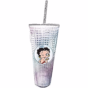 Spoontiques - Diamond Tumbler - Textured Cup with Straw - Double Wall Insulated and BPA Free - 20 oz - DC Comics - Betty Boop
