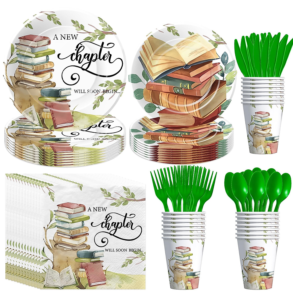 APOWBLS Storybook Baby Shower Decorations Supplies - A New Chapter Will Soon Begin Book Theme Party Decorations, Plate, Cup, Napkin, Cutlery, Library Reading Book Club Decorations Tableware | Serve 24