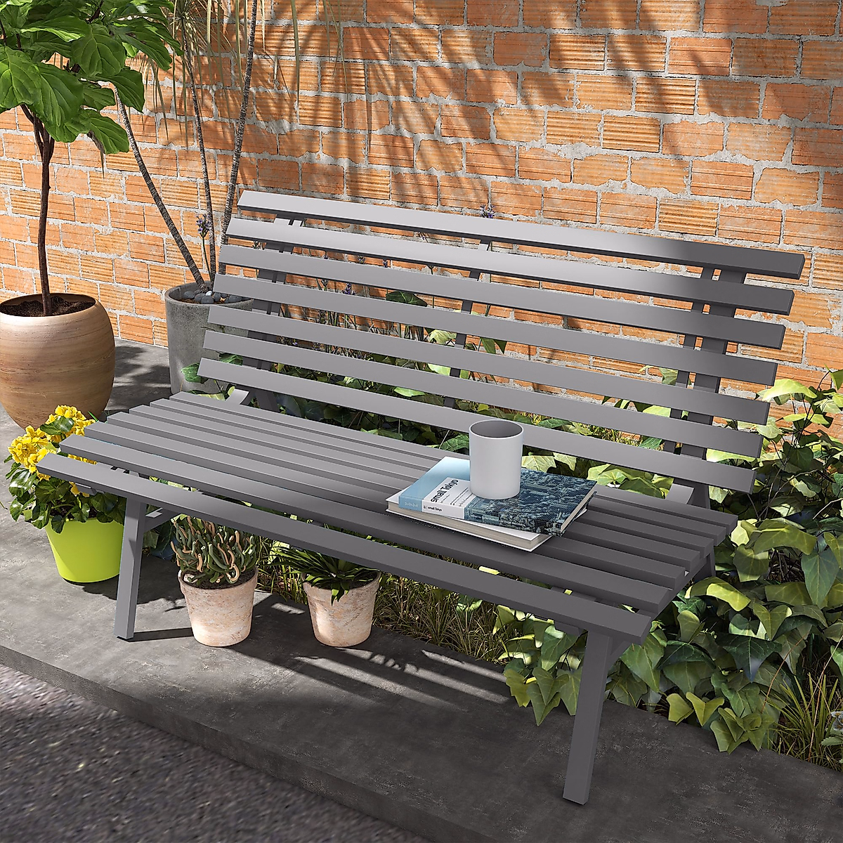 Outsunny 48.5" Garden Bench, Outdoor Patio Bench, Lightweight Aluminum Park Bench with Slatted Seat for Lawn, Park, Deck, Gray