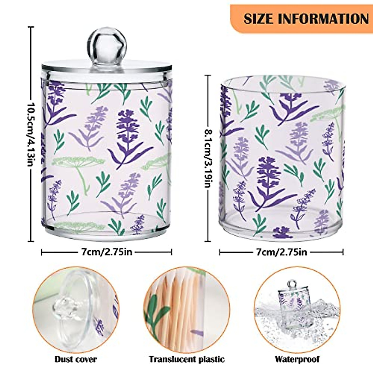 Nander 2Pack Qtip Holder Dispenser -Lavender Clear Plastic Apothecary Jars Set - Restroom Bathroom Makeup Organizers Containers for Cotton Swab, Ball, Pads, Floss