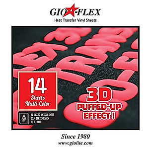 GIO-FLEX 3D Puff Vinyl Heat Transfer 10" x 12" - 14 Sheets Foaming HTV Assorted Colors Bundle/Variety Pack, Adhesive Vinyl, Iron-On Transfer, Heat Press with Cricut Silhouette Cameo