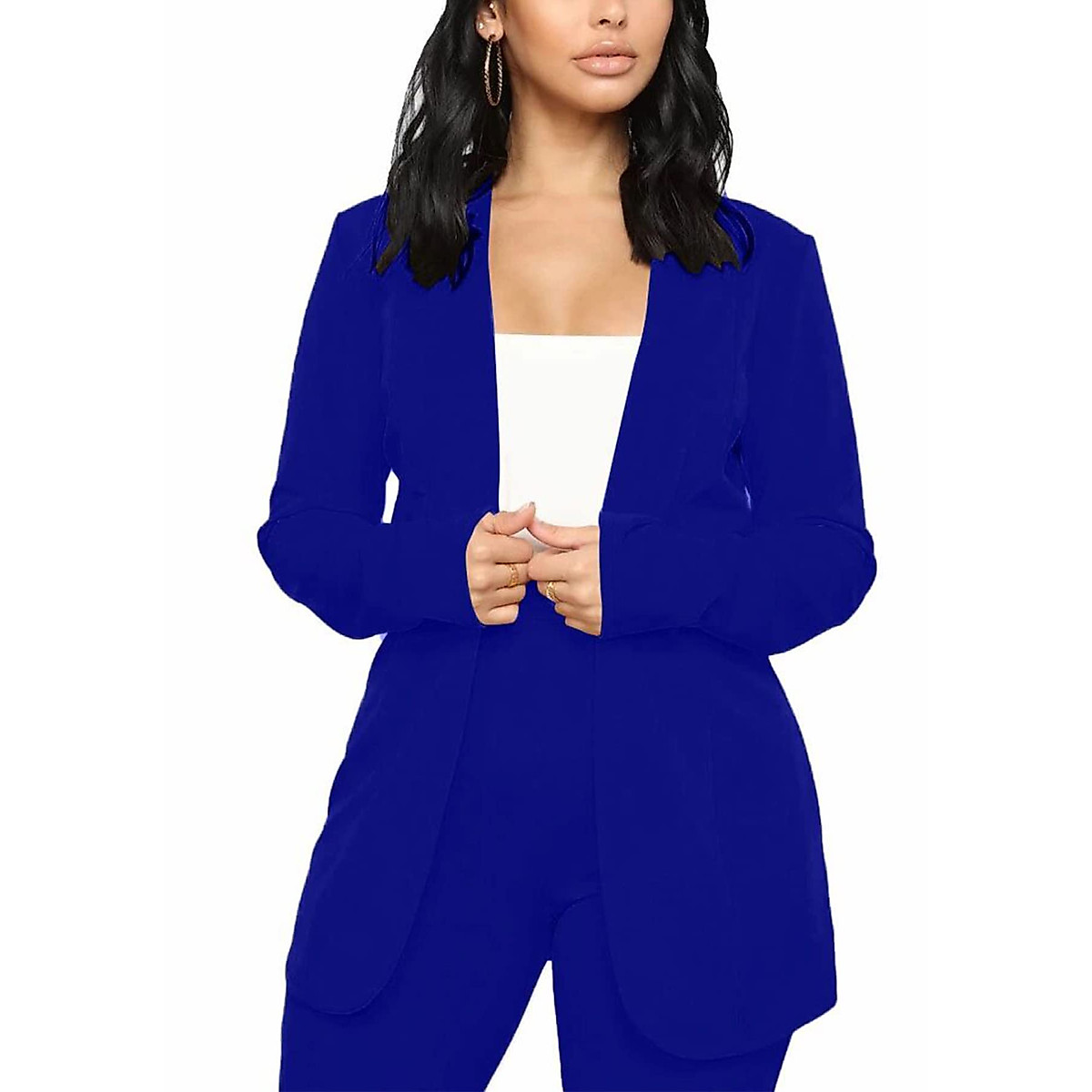 Womens Plus Size 2 Piece Blazer Set Casual Long Sleeve Business Blazer and Pant Suits Office Outfits Navy