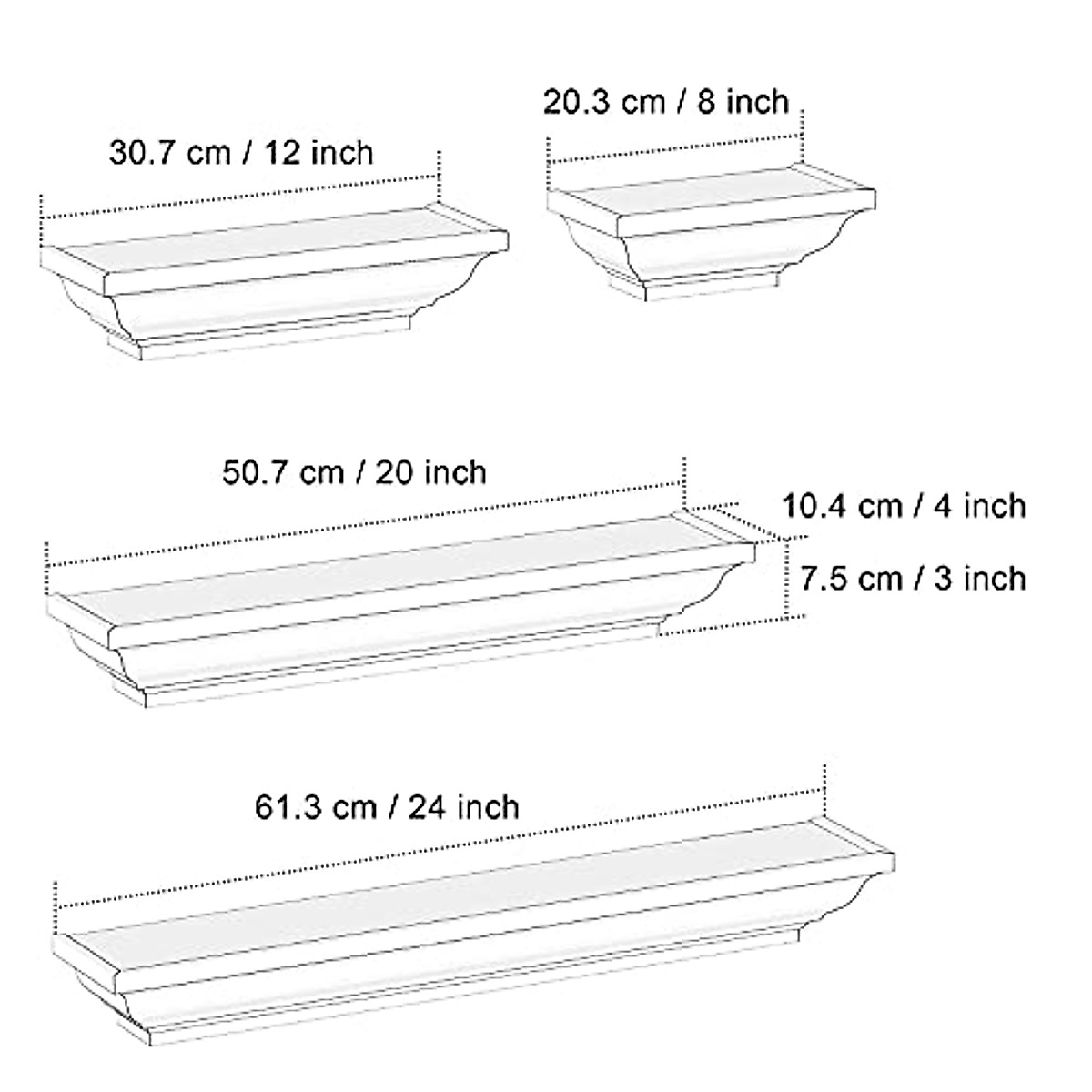 SRIWATANA White Floating Shelves, 24 Inch Solid Wood Storage Wall Shelves Set of 4 Display Ledge Shelves Decor for Bedroom, Living Room, Bathroom, Kitchen - White
