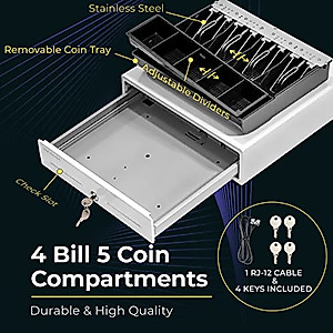 Volcora 13" Cash Register Drawer for Point of Sale (POS) System with Fully Removable 2 Tier Cash Tray, 4 Bill/5 Coin, 24V, RJ11/RJ12 Key-Lock, Double Media Slot, Small Square Money Drawer, White