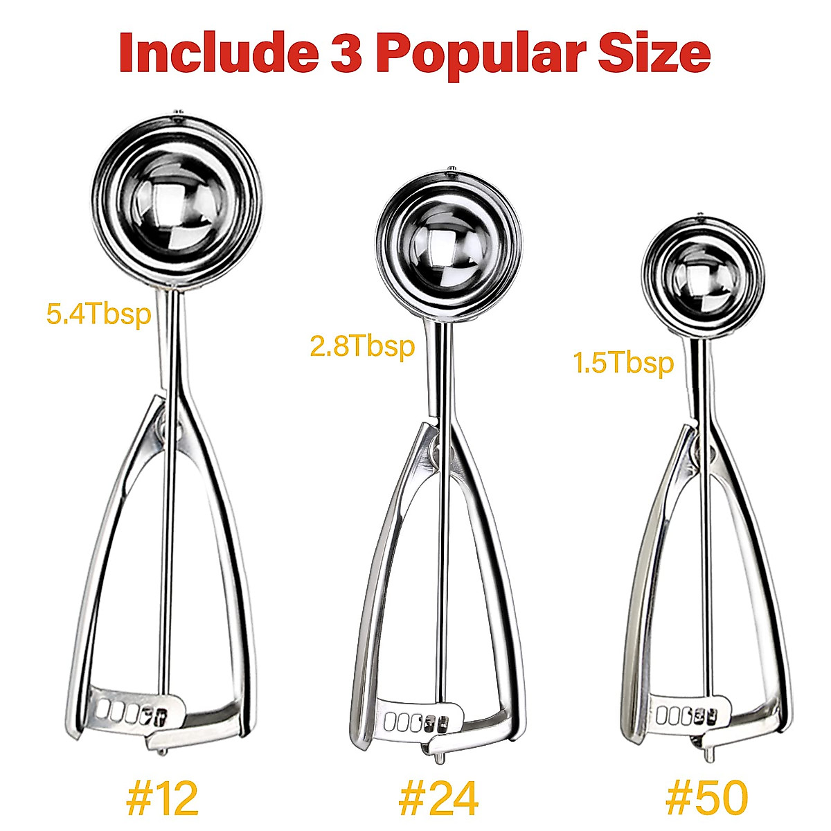 Cookie Scoop Set of 3 - Ice Cream Scoop with Trigger Include 1.5 Tbsp / 2.8 Tbsp / 5.4 Tbsp - 18/8 Stainless Steel Heavy Duty Cookie Dough Scoop for Baking Melon Baller Meatball Cupcake Muffin