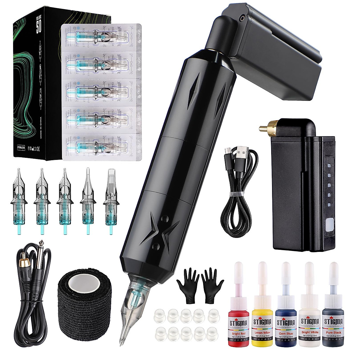 STIGMA Wireless Tattoo Gun Tattoo Kit Complete with 50pcs Tattoo Cartridge Needles 1400mAh Tattoo Battery 5 Colors Ink Set with Accessories STP29KITP199-1