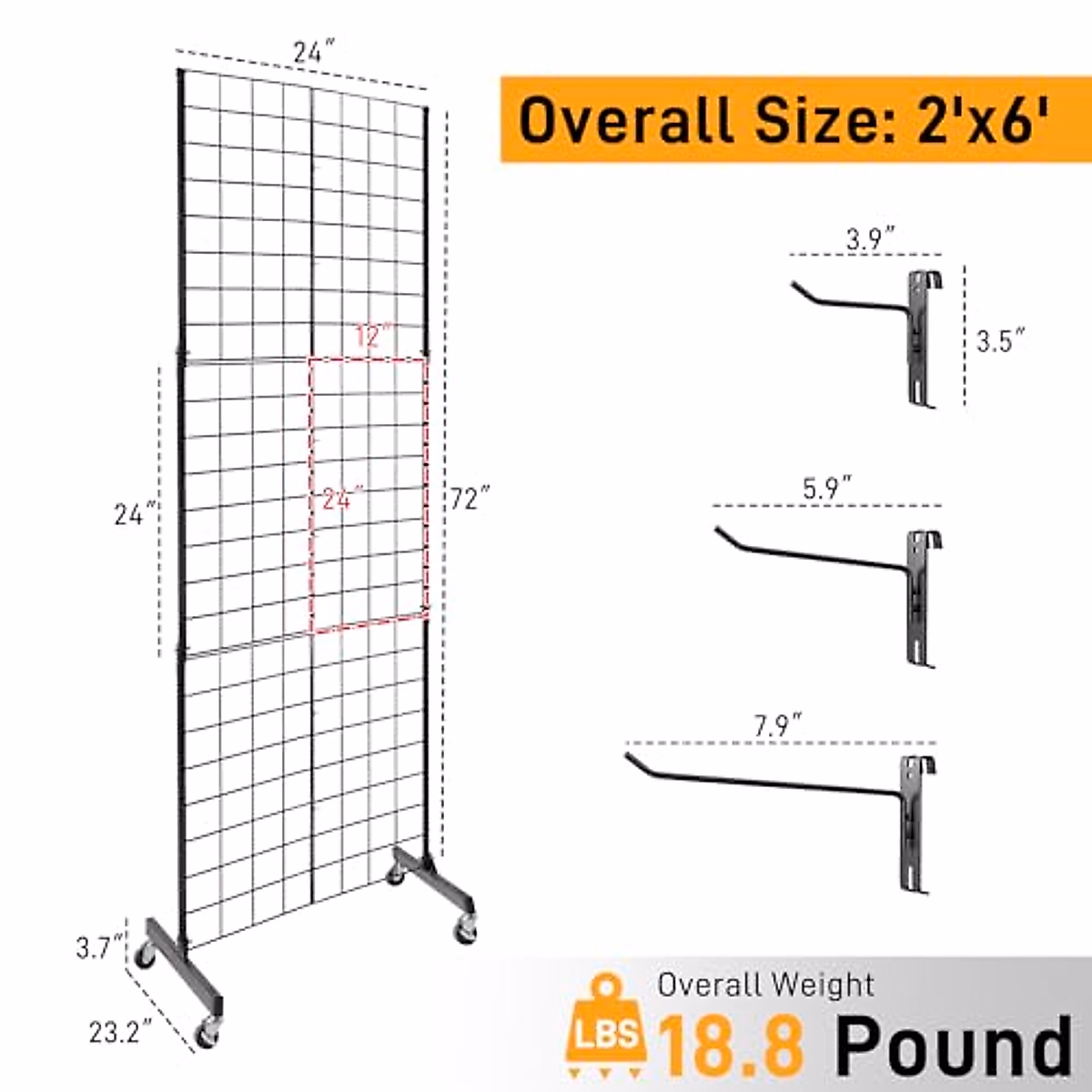 Bonnlo 2' x 6' Detachable Girdwall for Easy Transport, Standing Grid Tower, Thicker 5mm Wire, 180 LBS Weight Capacity Grid Panel with Legs and Extra Hooks, Display Rack for Retail and Craft Fair (2)