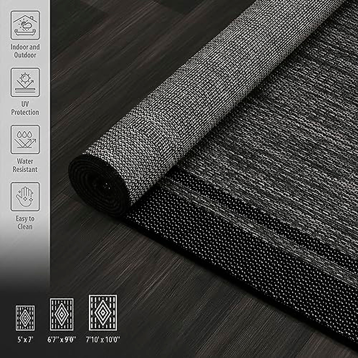 CAMILSON Indoor Outdoor Rug, 5x7 Bordered Dark Grey Black Modern Area Rugs for Indoor and Outdoor Patios, Kitchen and Hallway Mats, Washable Porch Deck Outside Carpet (Bordered Black, 5x7)