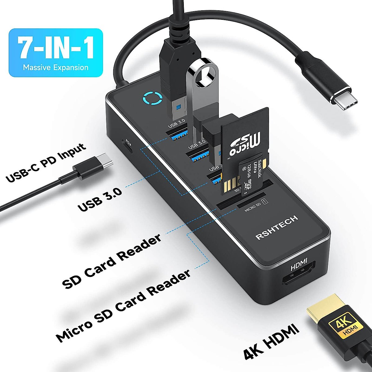 USB C Hub, RSHTECH USB C Dongle Adapter with 4K HDMI, 3 USB 3.0 Data Port, 100W Power Delivery, SD/TF Card Reader, Aluminum USB-C/Thunderbolt 3 Hub Dock for PC and Laptop, RSH-T16