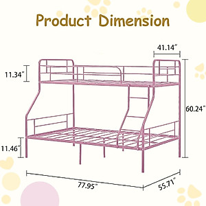 Bunk Bed Twin Over Full, Bunk Beds Twin Over Full with Metal Guardrail and Ladder, Space-Saving, Heavy Duty Queen Bunk Bed for Boys, Girls, Teens, Adult,No Box Spring Needed (Pink)