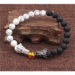 nobrand COLORFULBLING Bead Bracelets for Men and Women Natural Black Lava & White Howlite Buddha Dragon Beaded Stone Bracelet Good Luck Charm Jewelry Gift Adjustable