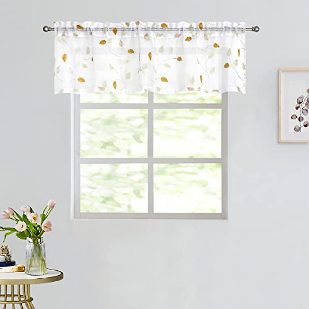 Fragrantex White Gold Leaf Embroidered Sheer Valance 15 Inches Floral Small Cafe Curtain for Kitchen Short Silver Curtain for Bay Window Bathroom and Living Room 56" Wx15 L Golden Yellow Rod Pocket