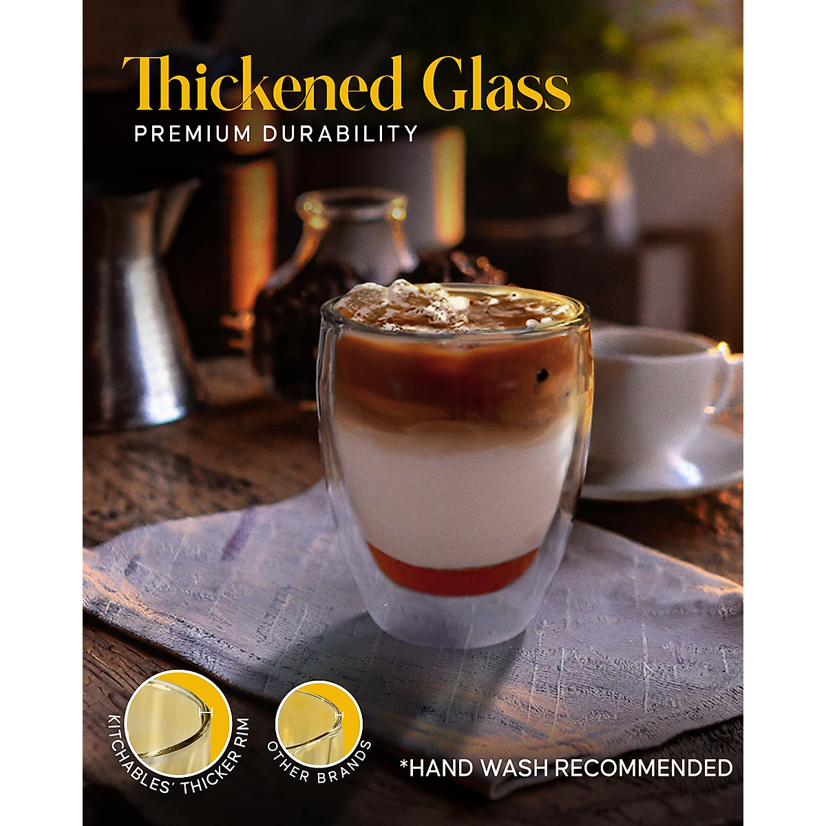 Kitchables Double Walled Glass Coffee Mugs Set of 2,12oz - Insulated Clear Coffee Mug for Cappuccino, Latte, Tea, Espresso - Latte cup - Tazas Para Cafe