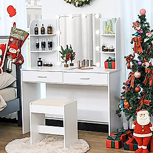 usikey Large Vanity Set with 10 Light Bulbs, Makeup Vanity Table with 2 Drawers, 6 Storage Shelves & Cushioned Stool, Vanity Desk Vanity Table for Bedroom, White