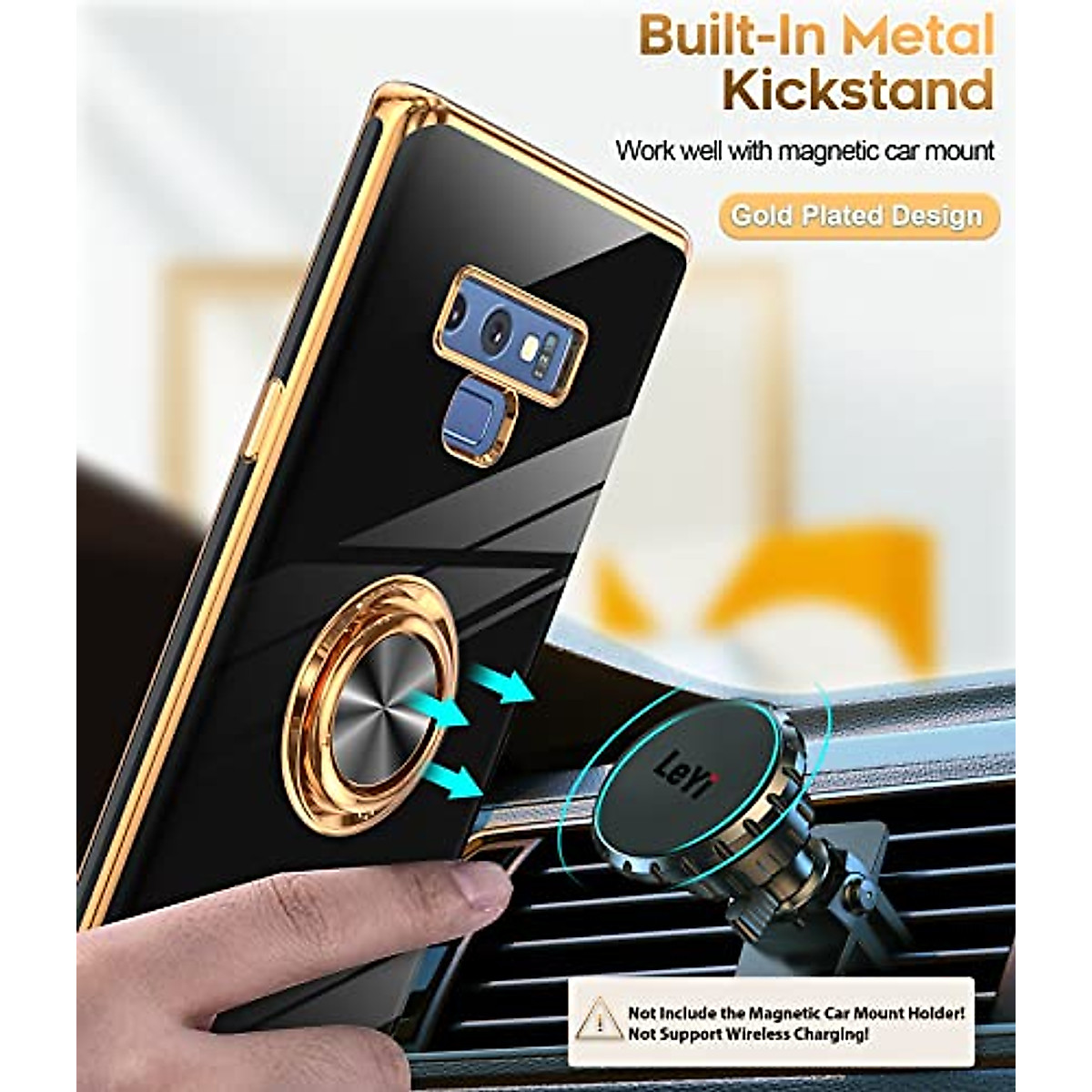 LeYi for Samsung Galaxy Note 9 Phone Case with Ring Kickstand [360° Rotatable Ring Holder Magnetic Kickstand] Plating Rose Gold Edge Protective Phone Cases Cover for Women Girls,Black