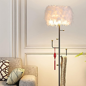 Kardleen White Feather Floor lamp Unique Hanger Floor lamp with Coat Hook Standing lamp Luxury Gold for Bedroom Decorative Tall lamp Naturally Feather lamp