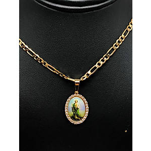Gold Plated Saint Jude Pendant Necklace Figro 26" San Judas Tadeo Medalla Oro Laminado Figaro