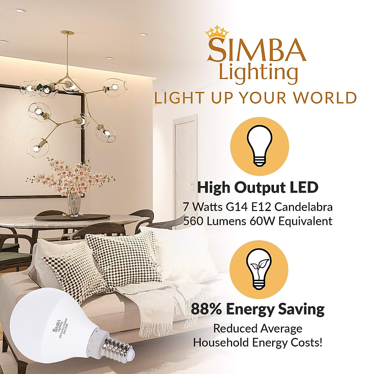 Simba Lighting LED Candelabra E12 Base G14 Small Globe 7W 60W Replacement Light Bulb (6 Pack) for Ceiling Fan, Chandelier, Vanity, Round A15 Frosted White Cover, Non-Dimmable, 2700K Warm White
