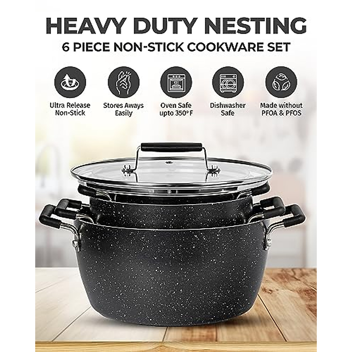 Granitestone 6 Pc Stackable Pot Set, Nesting Non Stick Pots with Lids, Cooking Pots Set, Stock Pot Set with 1.5/3 / 5 Qt Pots with Lids, Induction Cookware, Dishwasher Safe, Non Toxic - Black