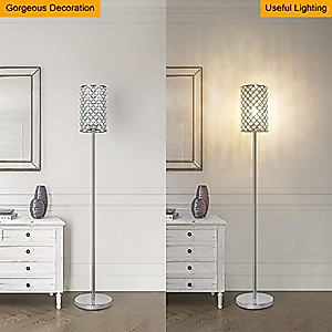 Crystal Floor Lamp, Modern Standing Lamp with Elegant Shade, LED Floor Lamp with On/Off Foot Switch, Silver Finish Tall Pole Lamp Accent Light for Living Room, Girl Bedroom, Dresser, Office (E26 Base)