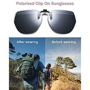 Frienda 3 Pairs Polarized Clip on Sunglasses over Prescription Glasses Rimless Anti-glare Sunglasses Flip up Sunglasses(Black-Gray, Blue-Pink, Pink)