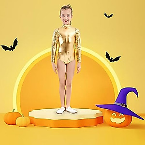 Javly Metallic Toddler Unitard, Sparkly Tumbling Gymnastics Dance Leotard, Mock Neck Long Sleeve Zipper Back Bodysuit for Baby Girls Kids Teens 2-10 Years
