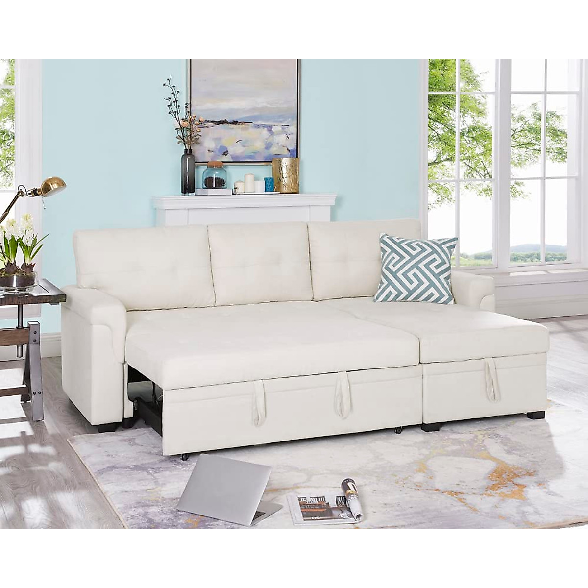 Naomi Home 85 in. Convertible Sofa with Storage, Reversible L Shape Sofa Couch with Chaise, Comfy Sectional Couches for Living Room, Cream - Velvet