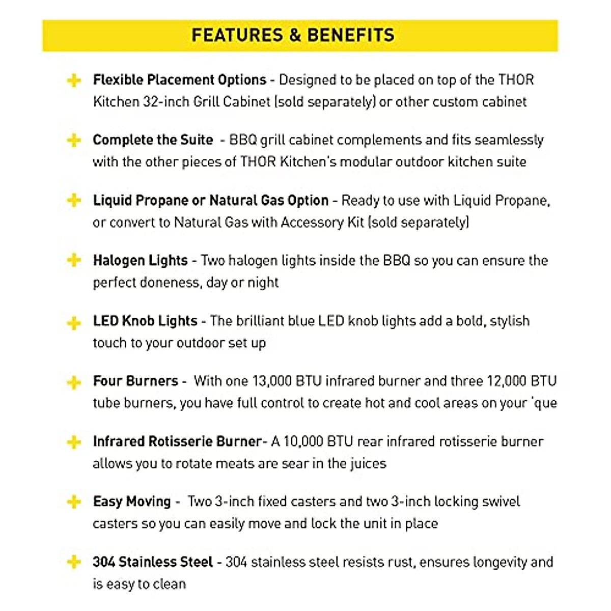 Thor Kitchen 32 Inch 4-Burner Built-in Natural Gas Grills with Rear Infrared Burner, Rotisserie Kit, Interior Thermometer & Grill Lights, Stainless Steel, MK04SS304 (with Natural Gas Kit)