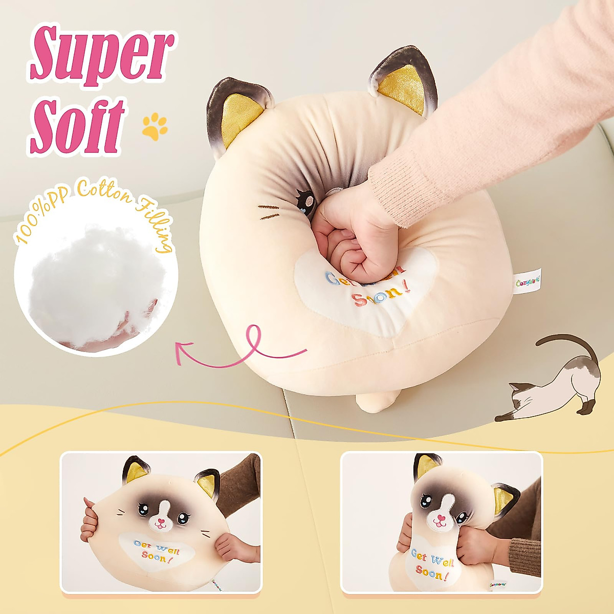 CozyWorld 13.5" Get Well Soon Cat Plush Pillow Soft Cute Cat Stuffed Animal Get Well Soon Gift for Women Girls Kids Patient Feel Better Plush Toy
