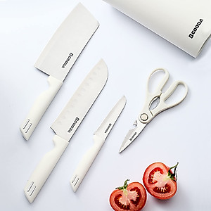 Knife Set for Kitchen, Retrosohoo 5-Pieces White Cooking Knife Set with Storage Knife Holder, Sharp Stainless Steel Knife Block Set for Cutting Slicing Dicing Chopping (White)