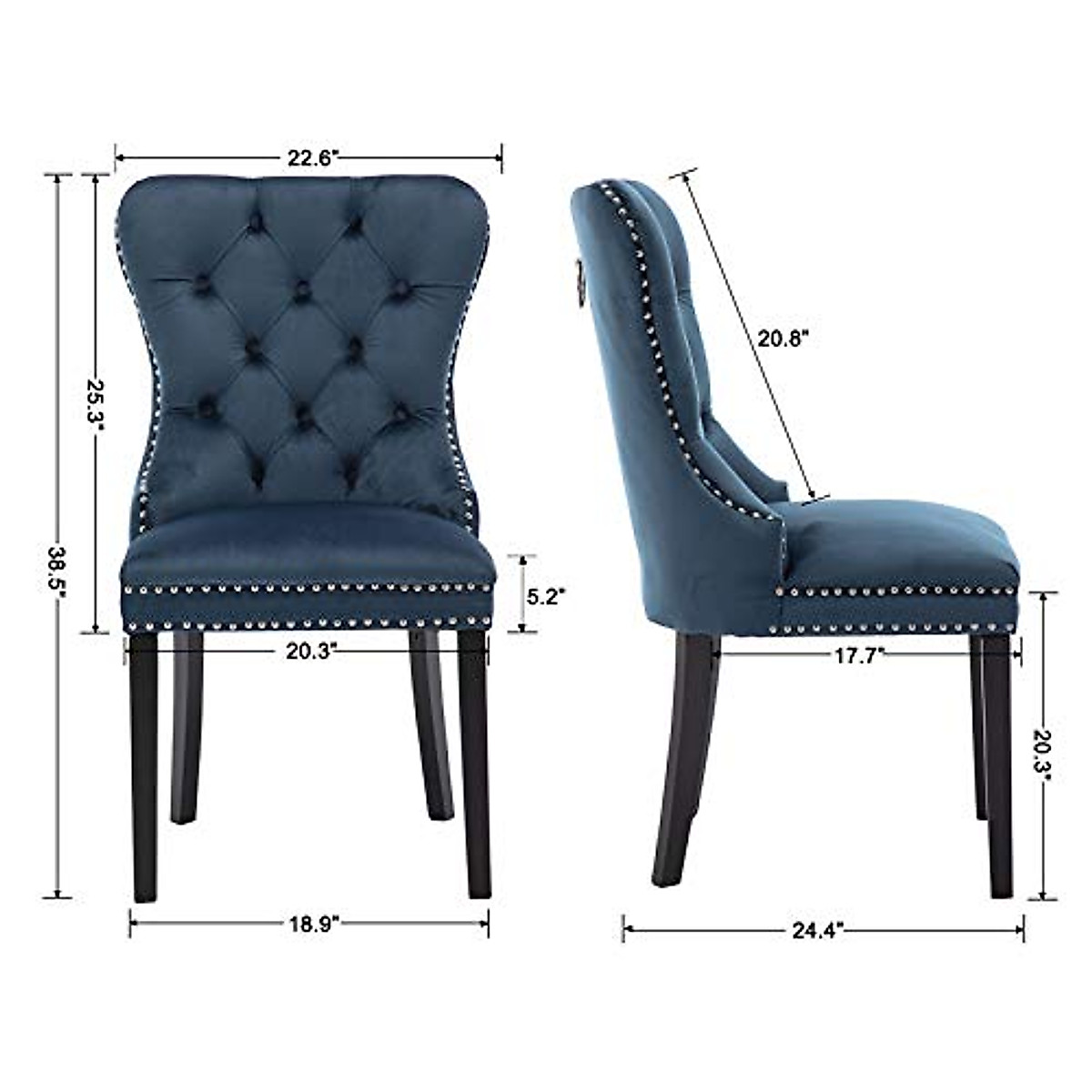 ZHENGHAO Dining Chairs Set of 2, Velvet Upholstered Armless Dining Room Chairs with Wooden Legs, Modern Nailhead Trim Wingback Accent Chair with Ring Pull for Kitchen Bedroom Restaurant, Navy Blue