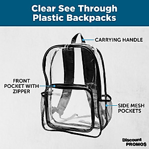 DISCOUNT PROMOS Heavy Duty Clear Plastic Backpacks Set of 6, Bulk Pack - PVC, Water Resistant, Great for School, Travel - Clear/Black