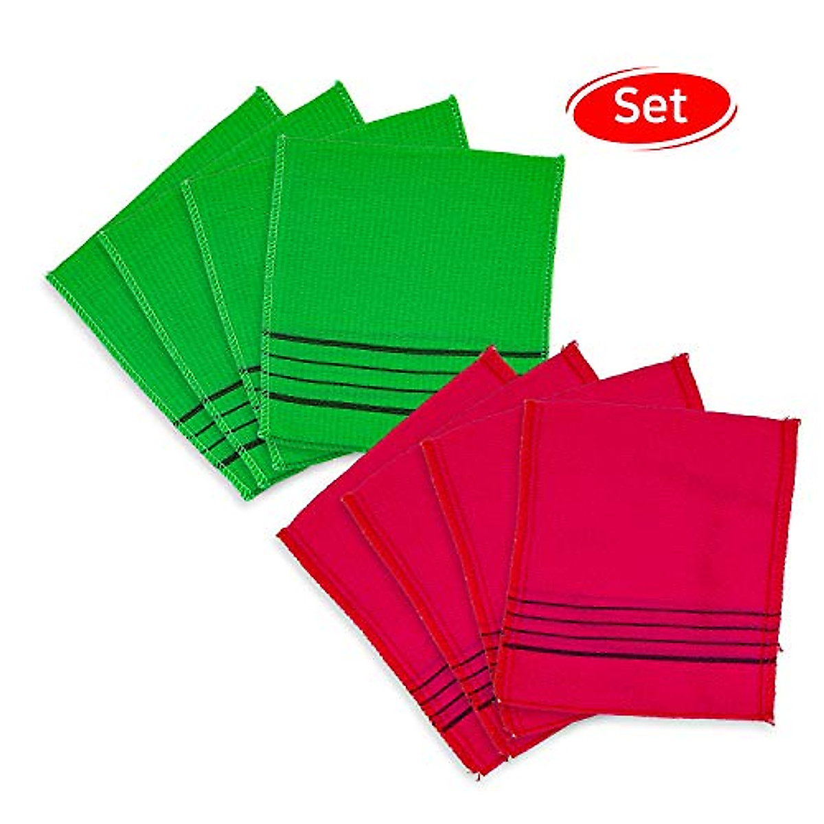 [Variety Pack] Korean Asian Exfoliating Washcloth - Scrubbing Cloth for Removing Dead Skin Callus, Cleaning Pores and Reducing Acne Breakout, Reusable (Green 4pcs + Red 4pcs)