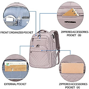 KROSER Travel Laptop Backpack 17 Inch Large Computer Backpack Water-Repellent Daypack with USB Charging Port & Headphone Interface RFID Pockets for Work/Business/College/Men/Women Dusty Pink(Quilted)