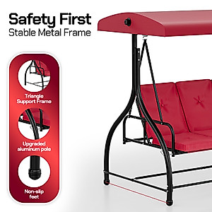 UEAKPIC 3 Person Outdoor Porch Swing with Adjustable Canopy, Patio Swings with Stand,2 in 1 Swing Bed for Adult,Thicken Cushions, Hanging Glider Porch Bench for Garden, Outside, Backyard - Burgundy