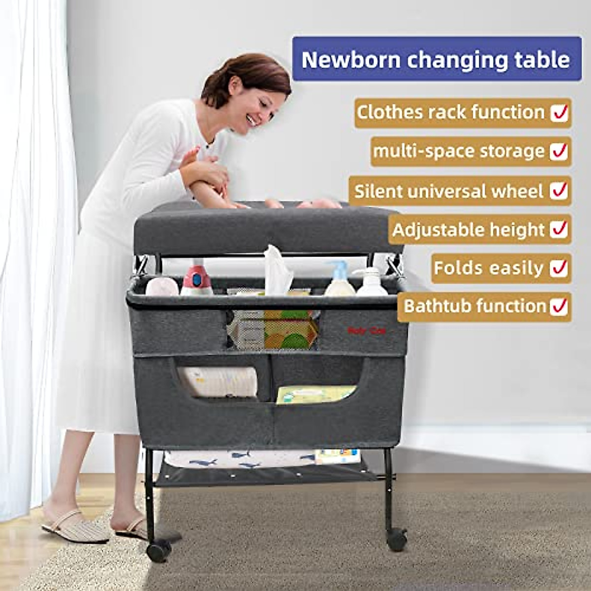 Kiss My Heart Portable Baby Changing Table, Diaper Changing Table Dresser Changing Station for Infant, Diaper Changing Table Pad, Mobile Nursery Organizer for Newborn -Grey…