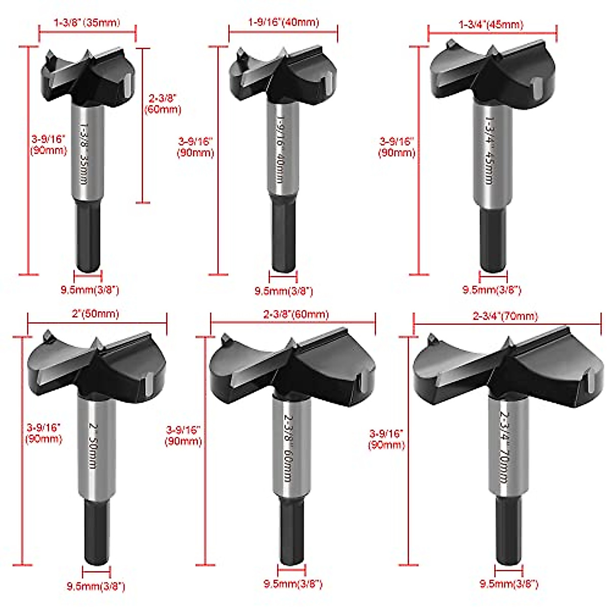 ASNOMY 6PCS Large Size Forstner Drill Bit, 1-3/8Inch to 2-3/4Inch Carbide Tipped Forstner Bit for Hard Wood, Wood Drilling Hole Saw Set Woodworking Hinge Cutter Tool Kits for Wood Plastic Plywood
