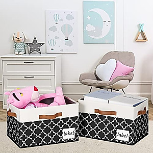 PFFVRP Large Storage Bins with Lids, Foldable Fabric Storage Baskets with Lids, Sturdy Storage Boxes with Labels and 3 PU Handles for Closet Home Bedroom Office (26L, 3 Packs, Black Plaid&White)