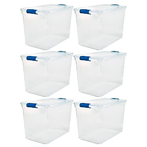 HOMZ Heavy Duty Modular Clear Plastic Stackable Storage Tote Containers with Latching and Locking Lids, 112 Quart Capacity, 6 Pack