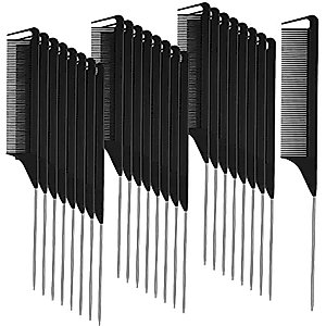 30 Pieces Parting Comb for Braids Hair Rat Tail Comb Steel Pin Rat Tail Carbon Fiber Heat Resistant Teasing Combs with Stainless Steel Pintail (Black)