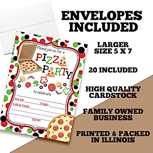 Pizza Party Themed Birthday Party Invitations for Kids, 20 5x7 Fill In Cards with Twenty White Envelopes by AmandaCreation