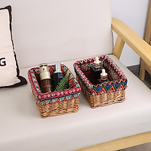 JLKIMZVO Rectangular Storage Basket Hand woven Wicker Nested Baskets Combination Shelf Storage Basket Detachable Lining Suitable for Wardrobes, Bedrooms, Bathrooms, Hallways,Offices