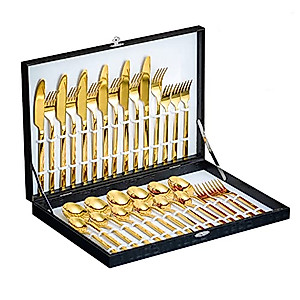 Velaze 30 Piece Gold Silverware Set for 6 with Fancy Gift Box, Premium Stainless Steel Flatware Set, Mirror Polished Cutlery, Durable Forks Spoons and Knives Set, Kitchen Utensils Sets