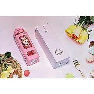 PEXIZUAN Kawaii Bear Water Bottle With Straw Sport Plastic Portable Square Drinking Bottle For Girl Cute Juice Tea Water Cups 700ml(Pink,700ml)
